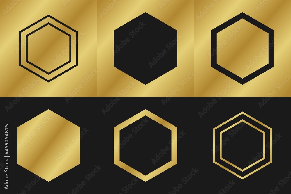 Hexagon shapes in three styles, fill, line art and monoline. Set of ...