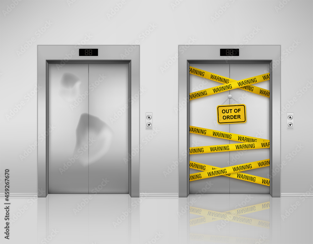 Naklejka Broken elevators with closed doors. Lift repair maintenance ...