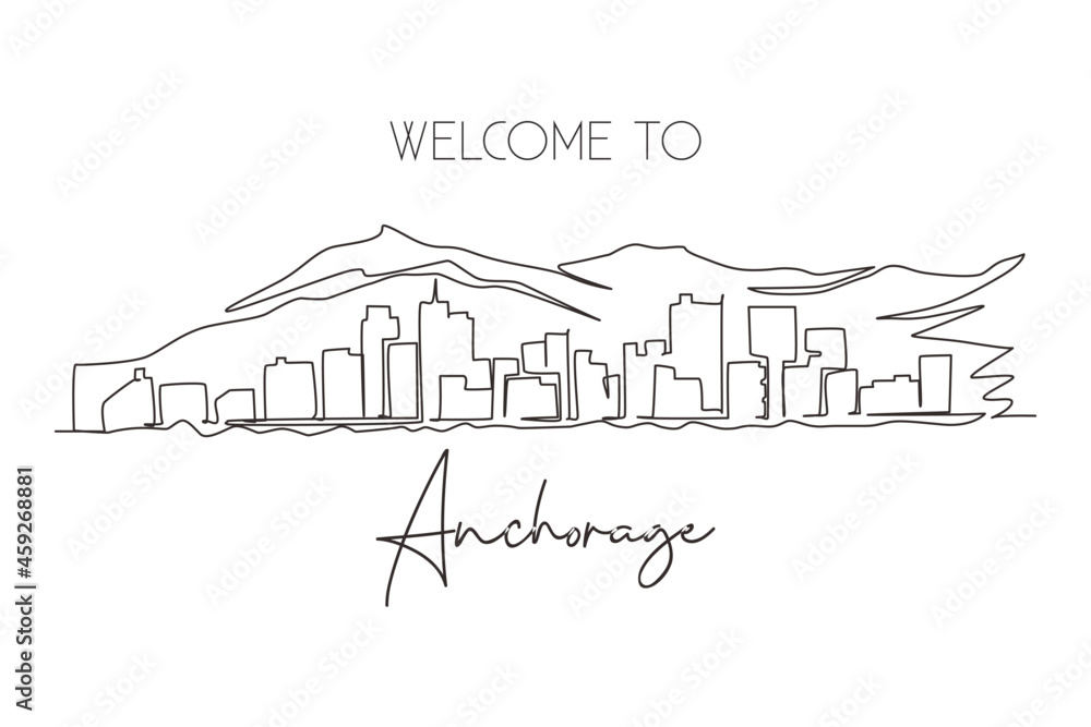 Single one line drawing Anchorage city skyline, Alaska. Famous city for ...