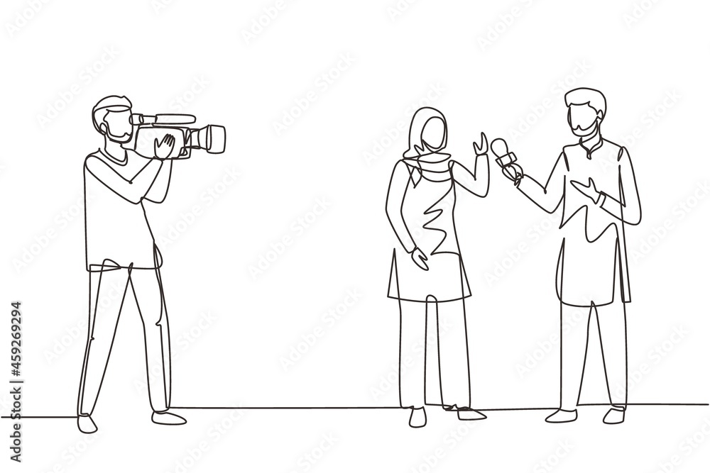 Single continuous line drawing Arabic journalist, operator interview ...