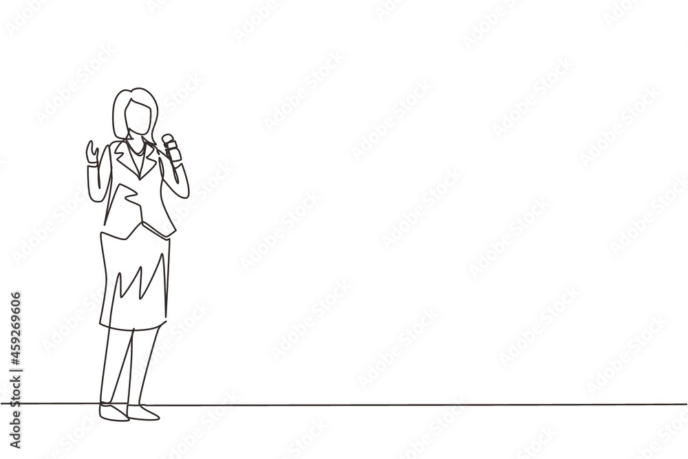 Single one line drawing journalist woman. Beautiful lady reporter ...