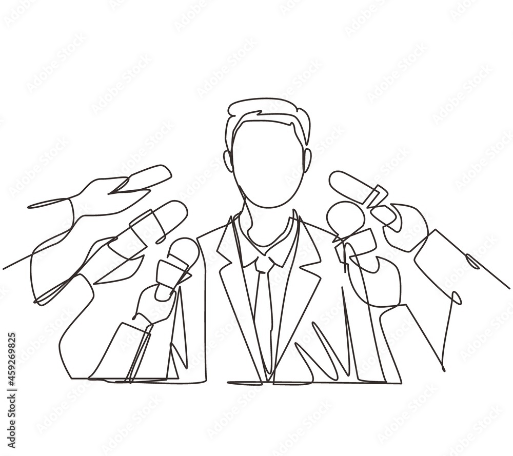 Single one line drawing interview. Man with microphones. Popular person ...