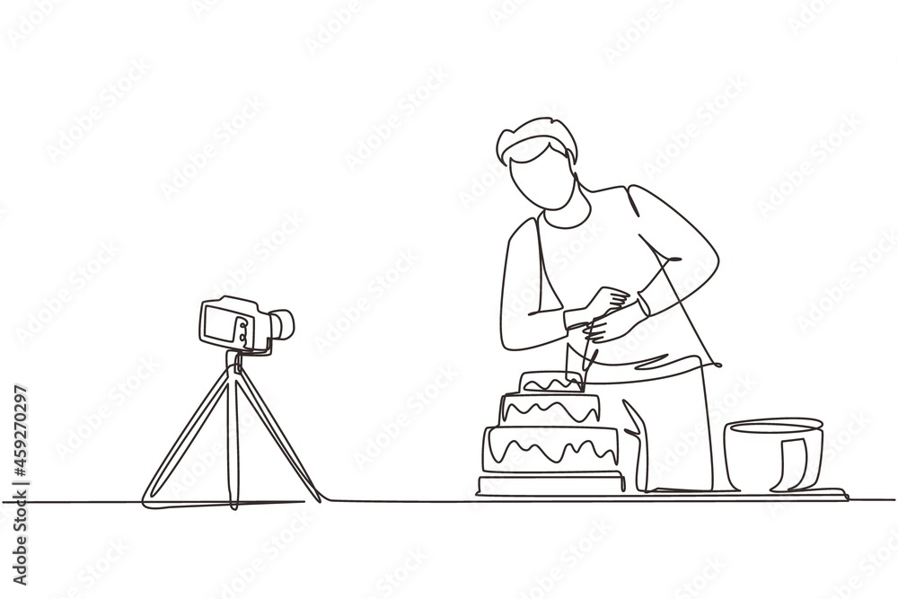 Single continuous line drawing influencer or food blogger creating ...