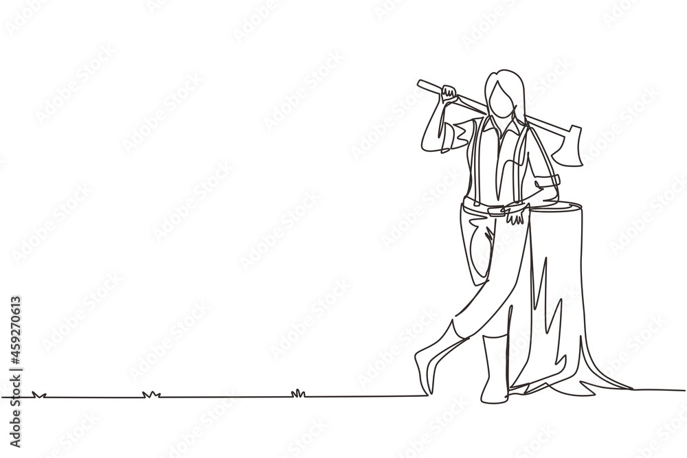 Single continuous line drawing woman lumberjack lean on wood log ...