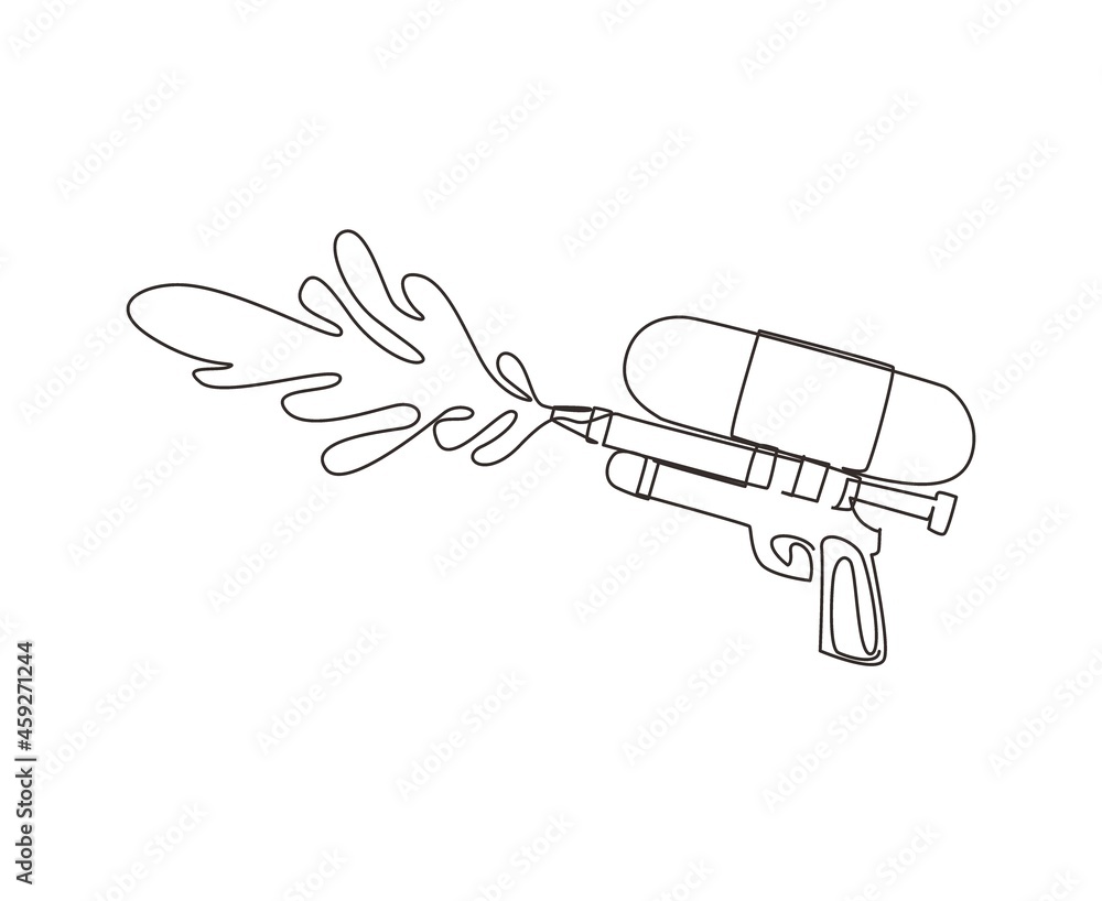 Single one line drawing water gun splashed water for “Songkran” or ...