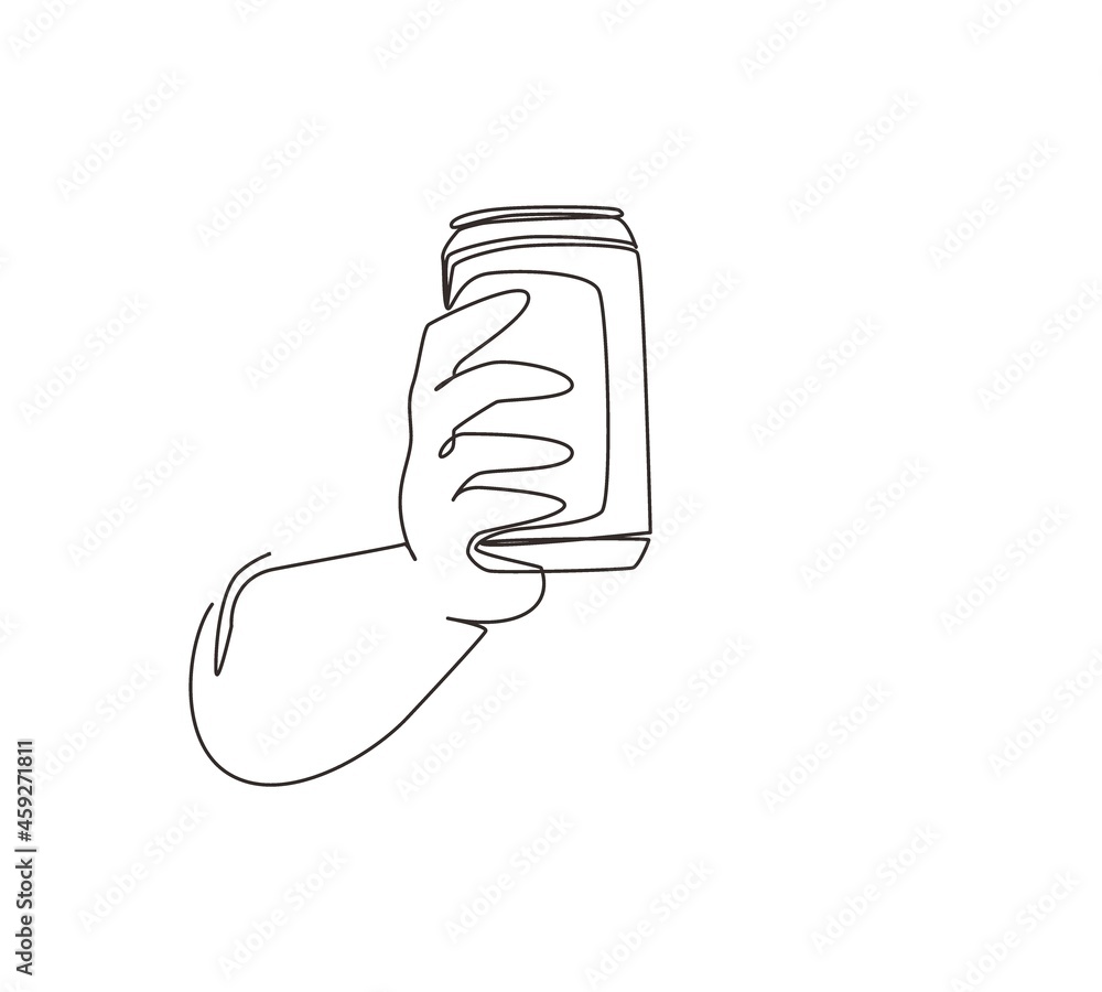 Single continuous line drawing hand holding a aluminum can drink ...