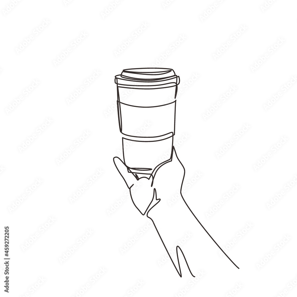 Continuous one line drawing coffee disposable cup in businessman hand ...