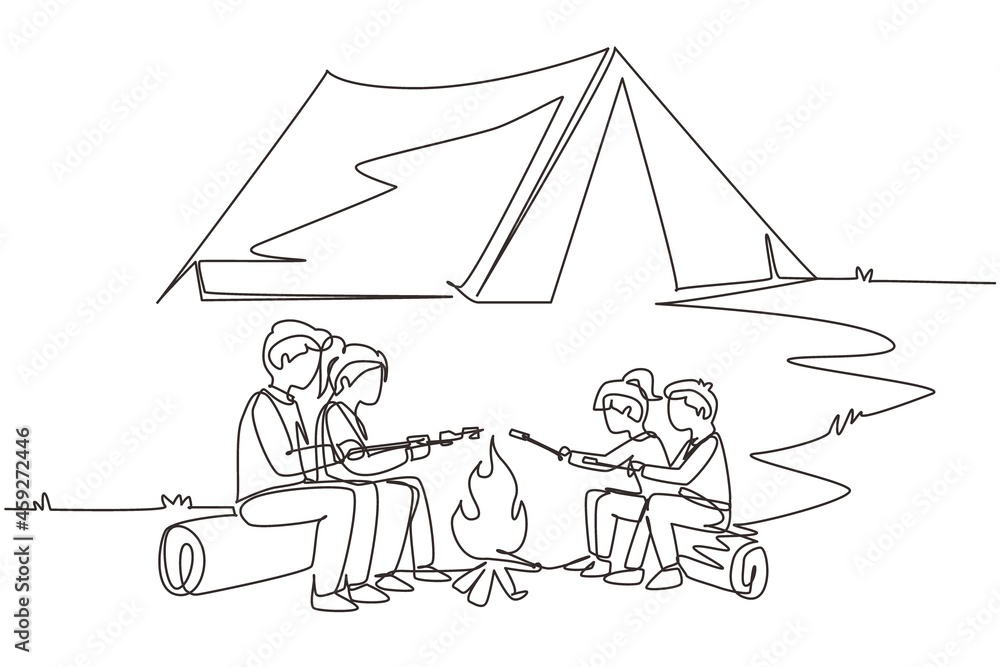 Single one line drawing happy family sit by campfire. Cheerful tourists ...