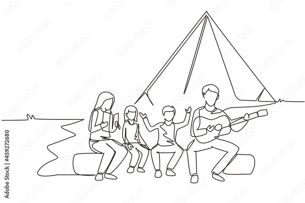 Single one line drawing family fun at summer camping spending time ...