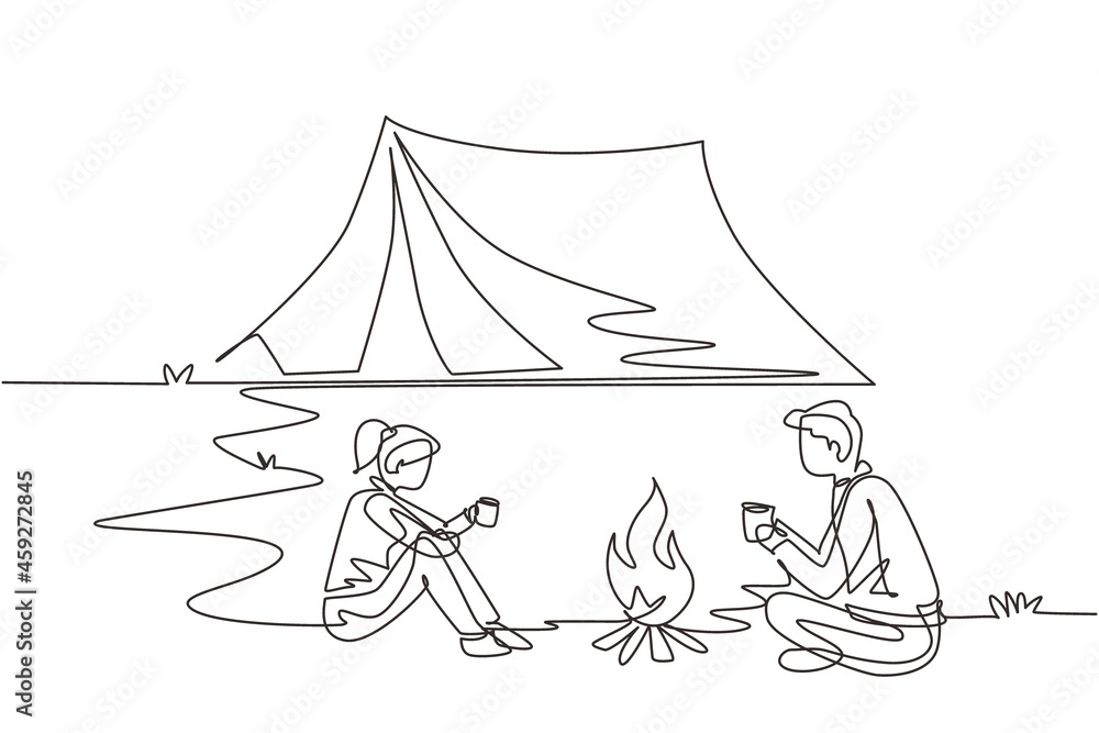Single continuous line drawing camping or hiking couple around campfire ...