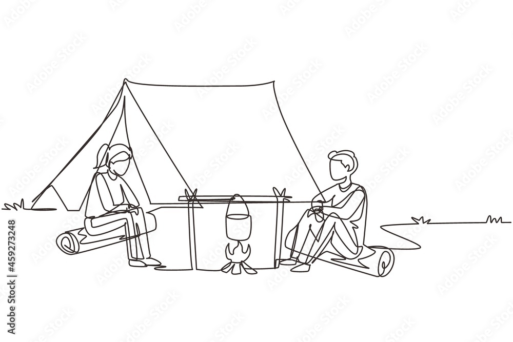 Continuous one line drawing couple man woman hikers sitting on log ...