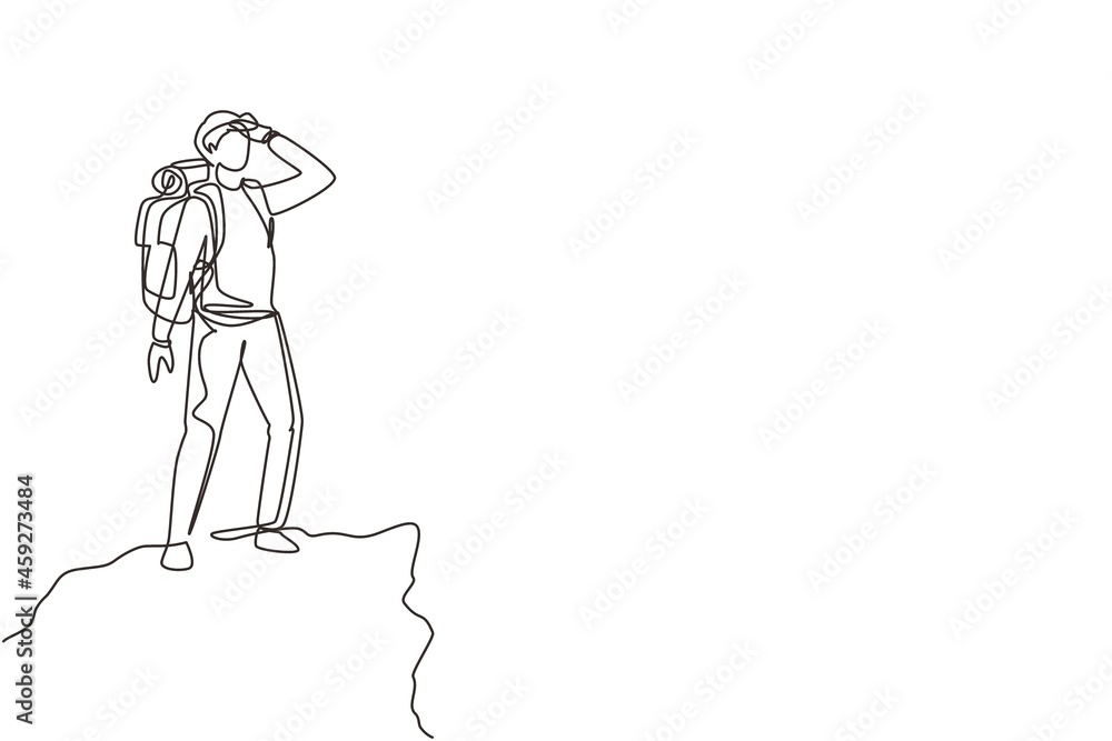 Continuous one line drawing man hiker at the top of the mountain ...