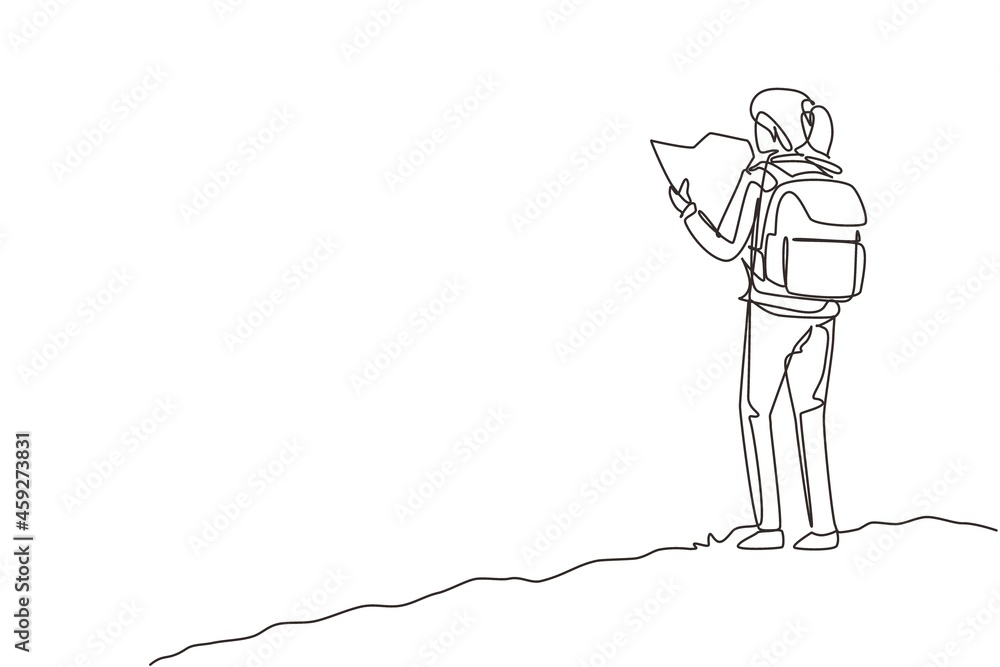 Continuous one line drawing woman hiker with backpack and map hiking in ...
