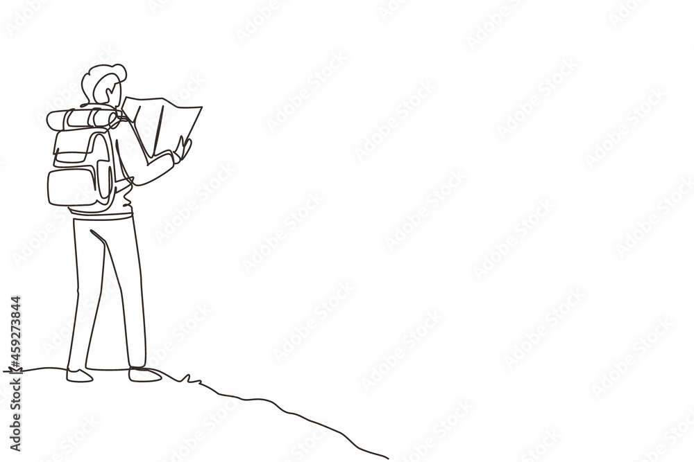 Single continuous line drawing man hiker with backpack and map hiking ...