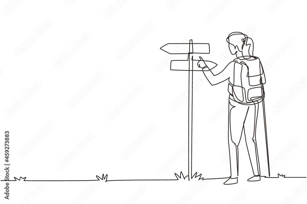Single continuous line drawing woman hiker standing near direction sign ...