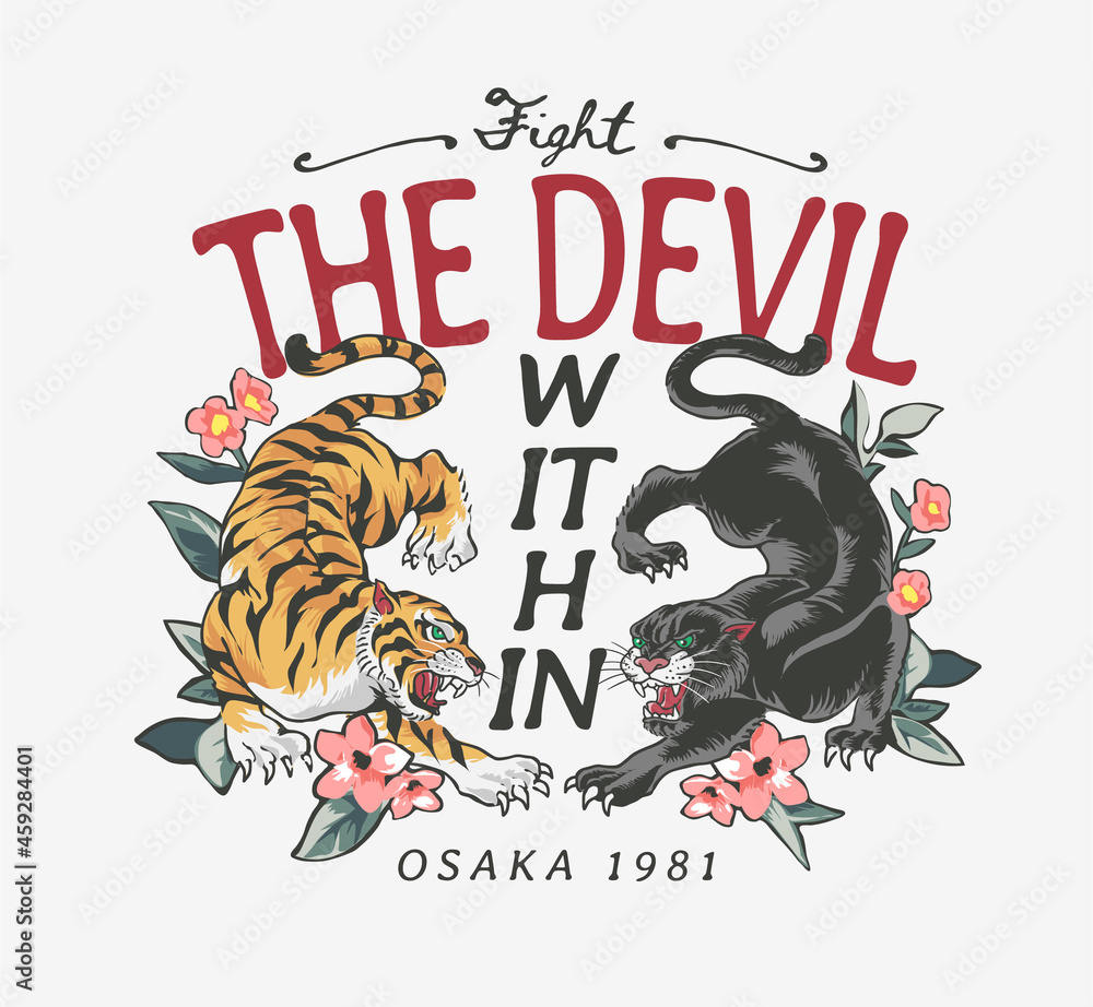 devil within slogan with tiger and panther vector illustration Stock ...