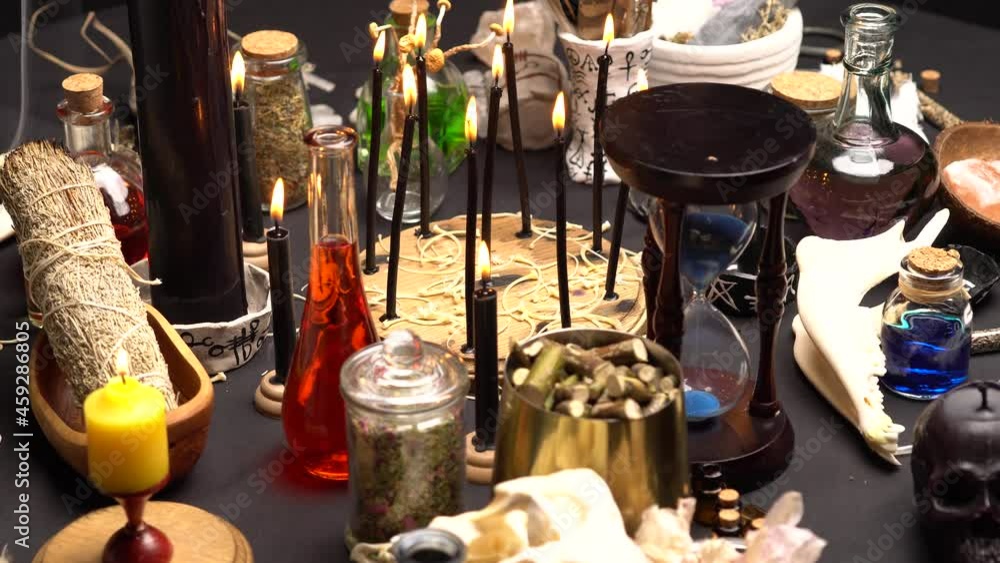 Occult and esoteric witch doctor still life. Halloween with magic ...