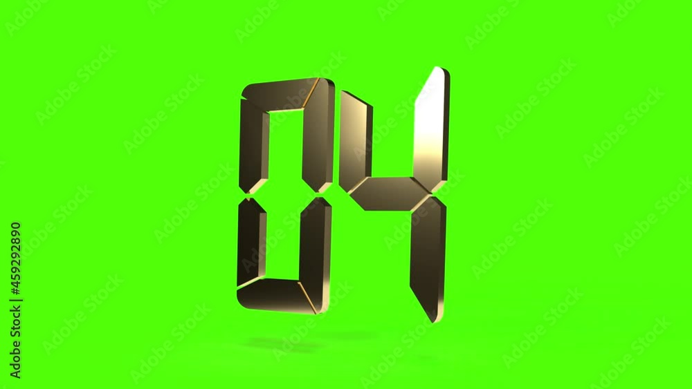 Countdown clock from 9 to 0. Gold digital numbers on a green screen ...
