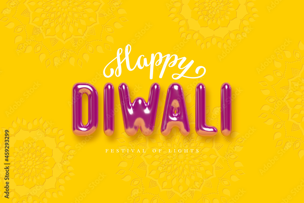 Happy Diwali lettering. 3d glossy purple letters on yellow background ...