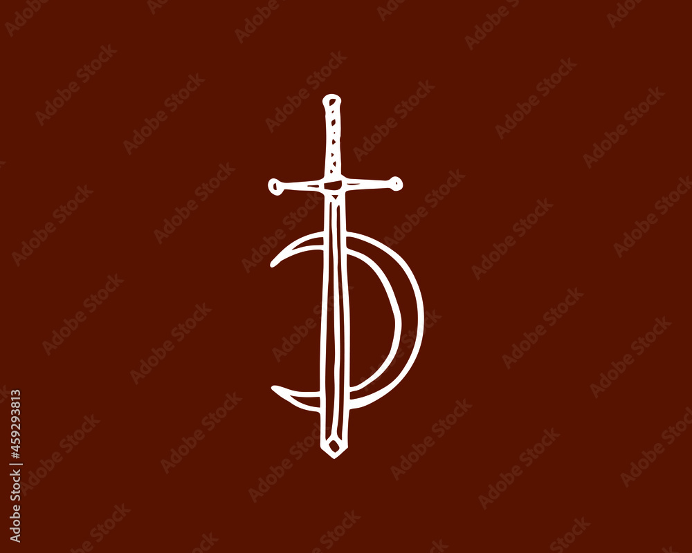 a sword and a crescent moon behind. a vector graphic illustration for ...