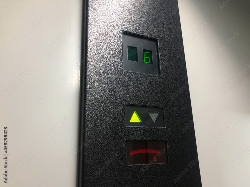 Electronic led elevator display showing the lift moving up to the sixth ...