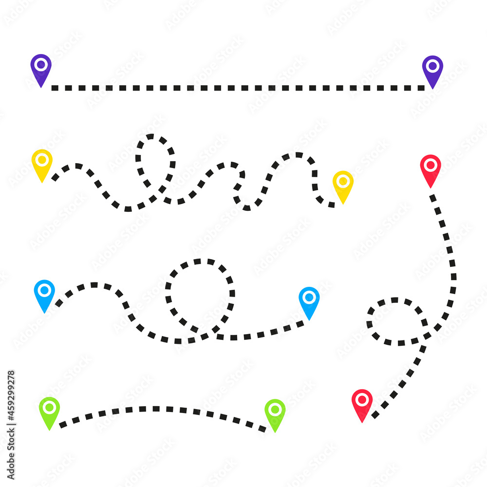 Conjunto de icono de ruta. Concepto de ubicación, punto de partida y ...