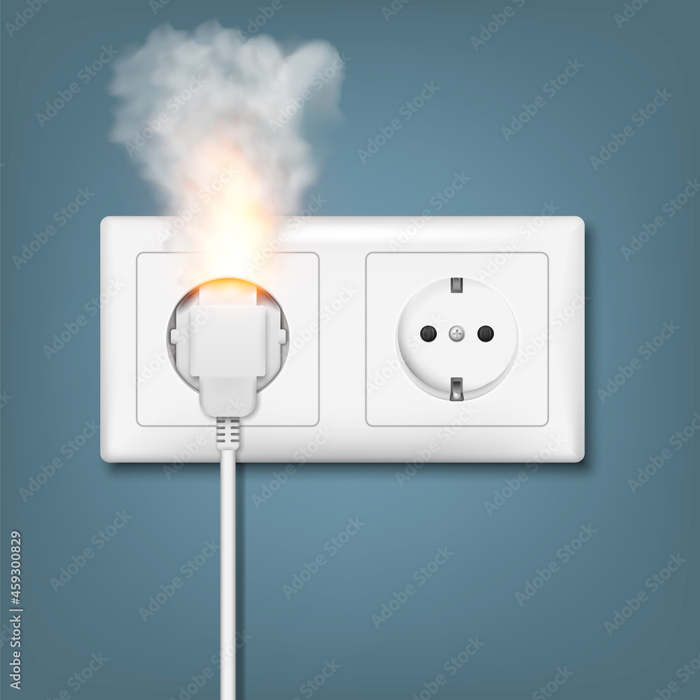 Fire wiring. Realistic socket and plug on fire from overload ...