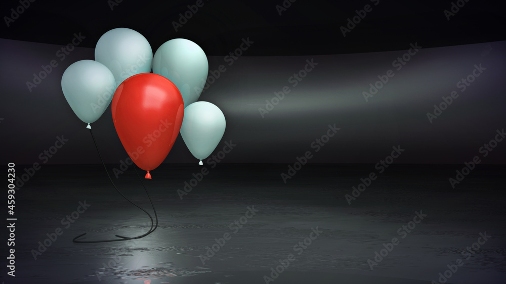 Balloons in a dark virtual backgrounds. A 3D render with copy space ...
