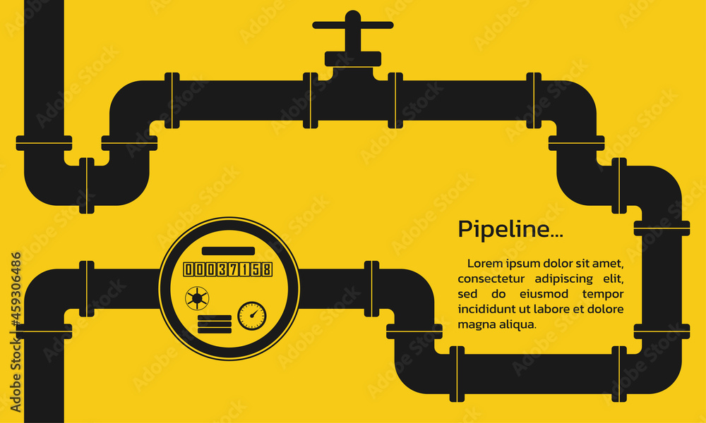 Pipeline background. Oil, water or gas pipe with valve, meter or ...