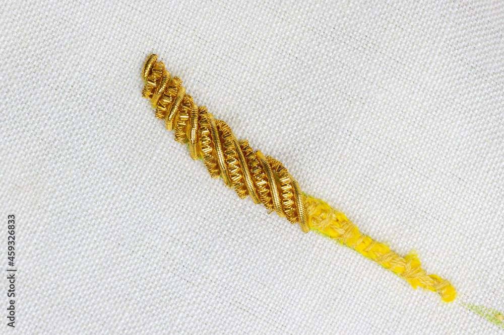 sample of raised goldwork embroidery in progress, smooth purl and ...