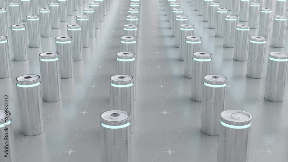 3D rendering lithium ion battery charging in factory, Li-Ion batteries ...