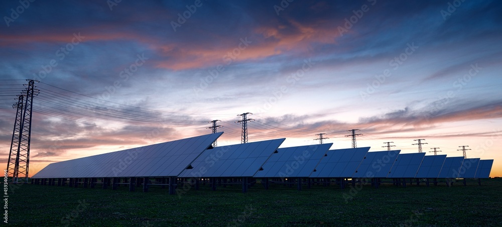 Electrical grids. Solar farm with transmission towers in the background ...