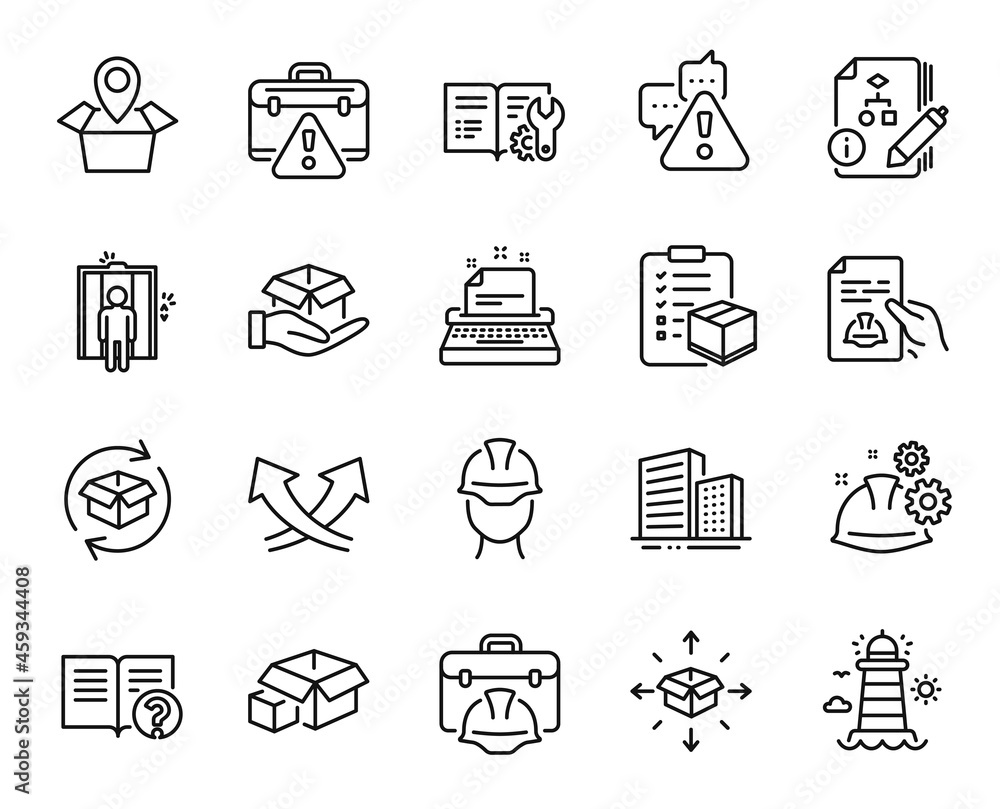 Vector set of Elevator, Help and Return parcel line icons set. Packing boxes, Parcel checklist ...