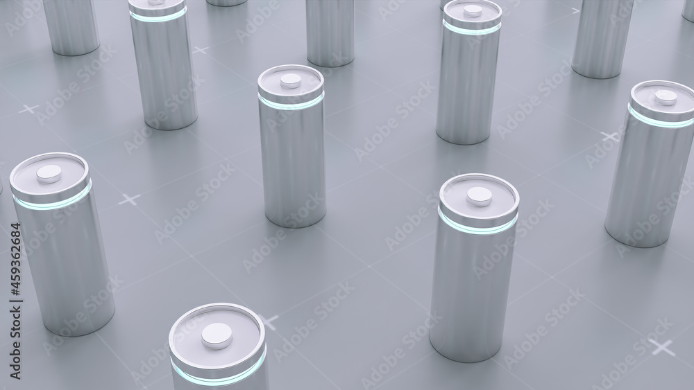 3D rendering lithium ion battery charging in factory, Li-Ion batteries ...