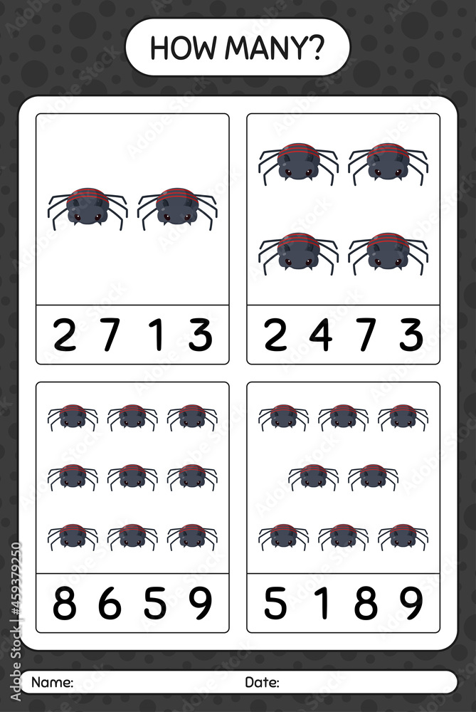 How many counting game with spider. worksheet for preschool kids, kids ...