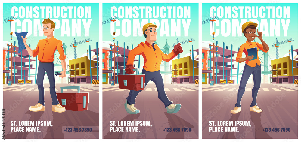 Construction company posters with people in helmet on city street with ...