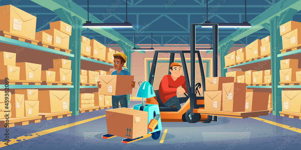 Warehouse with worker in forklift, man and robot holding cardboard ...