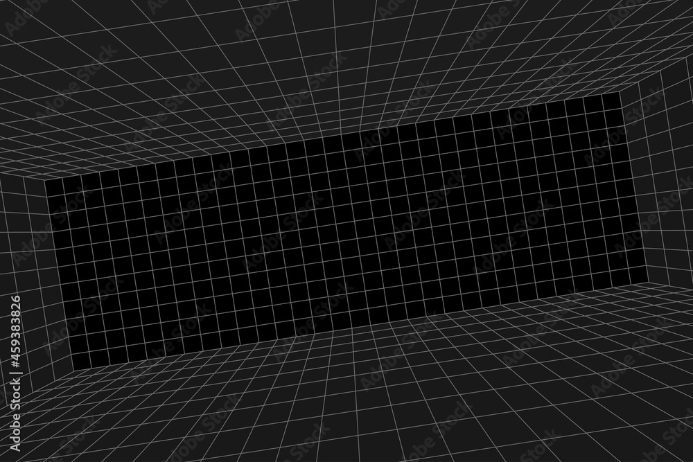 Grid perspective sloping black room. Gray wireframe background. Digital ...