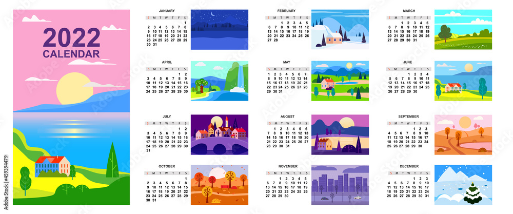 2022 Calendar landscape natural backgrounds of four seasons. Winter ...