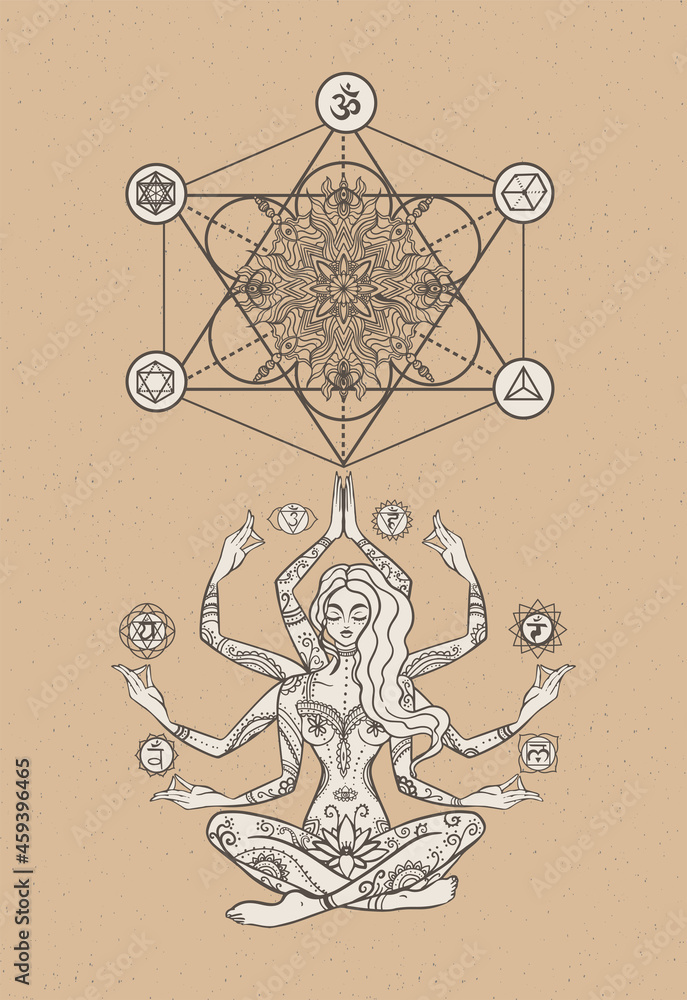 girl goddess with six arms and chakras in lotus pose among the stars ...