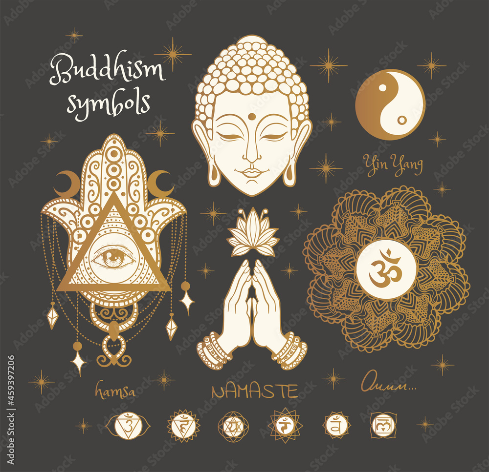 Buddhist symbols set: hamsa, om, buddha, namaste, lotus, yin yang ...