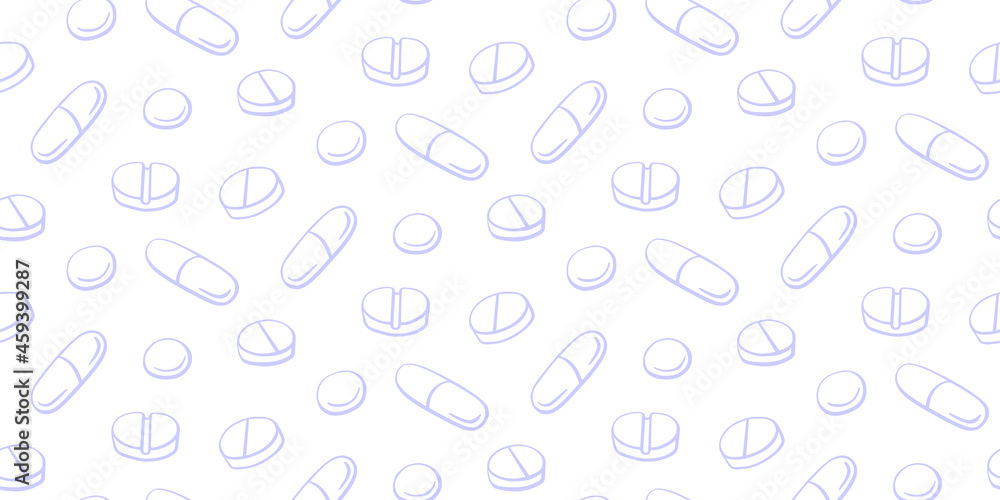 Seamless pattern with medicines, capsules, medicaments, drugs, pills ...