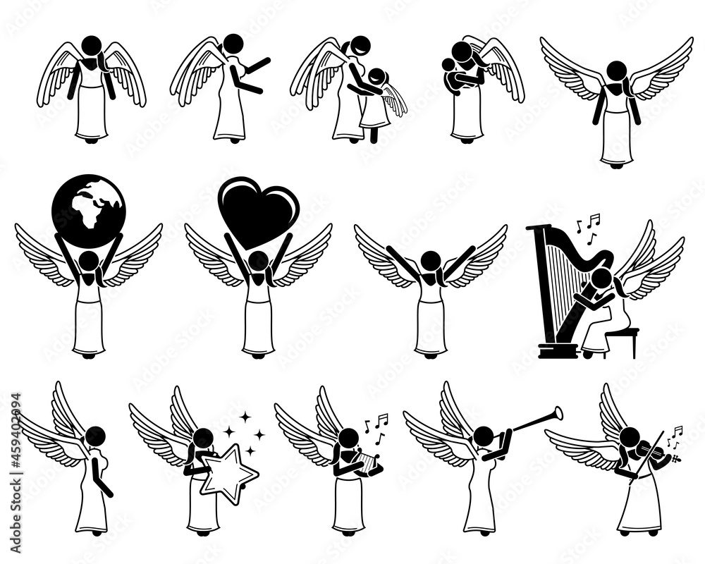Female God angel stick figure pictogram icons. Vector illustrations ...