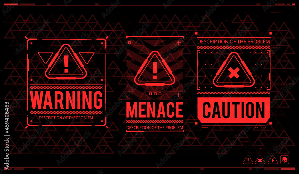 Conceptual Layout with HUD elements. Warning and alert attention signs ...