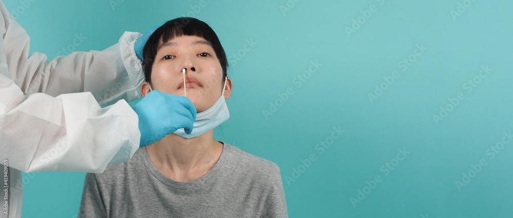 RT PCR test. woman with Covid 19 swab test. Coronavirus test during ...