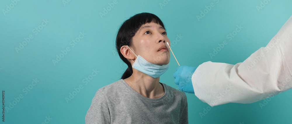 RT PCR test. woman with Covid 19 swab test. Coronavirus test during ...