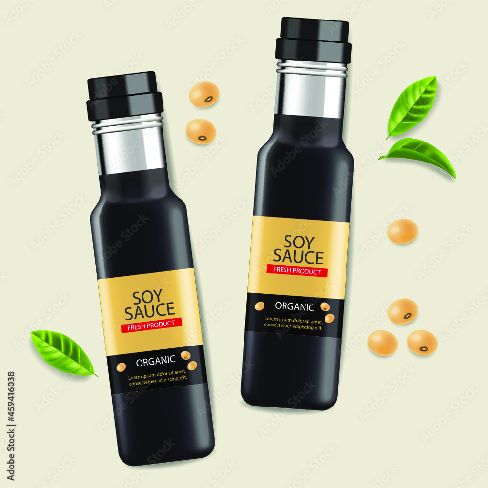 Soy sauce vector realistic bottles. Product placement label design 3d ...