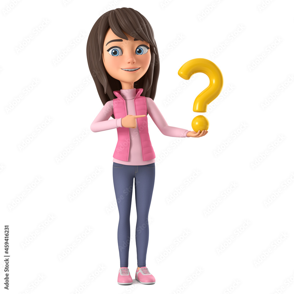 Cartoon character girl in a pink jacket holding a big question mark. 3d ...