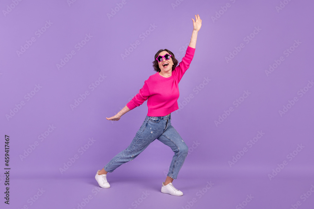 Full length body size view of attractive cheerful funky woman dancing ...