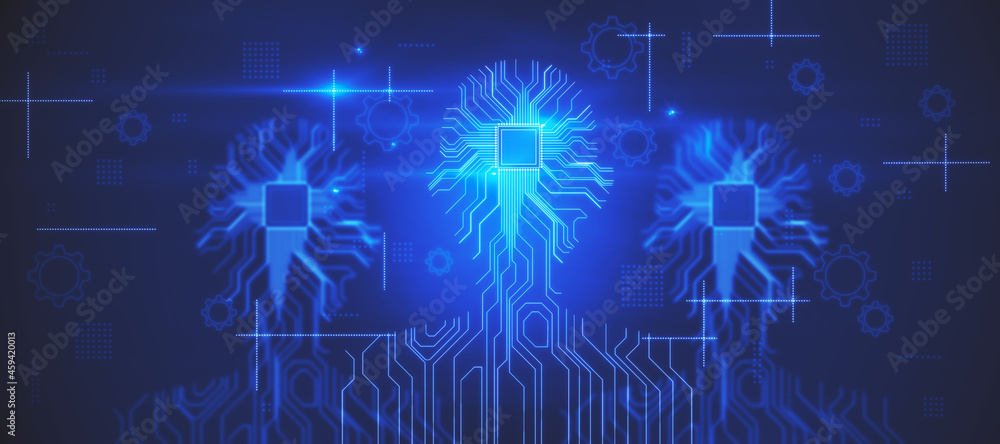 Abstract glowing blue AI chip panoramic interface on dark texture ...